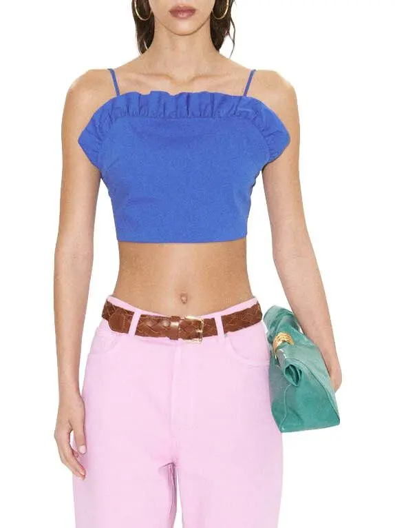 Mango Frill Detail Square Neck Crop Top - Blue