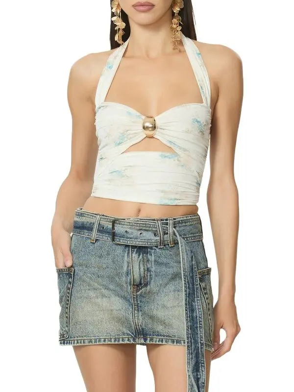 AFRM Kirrily Ruched Embellished Cutout Crop Halter Top - Antique Peony