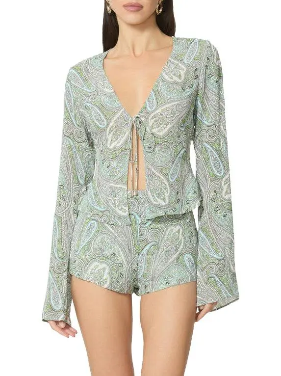 AFRM Tyra Paisley Tie Front Blouse - Aqua Paisley