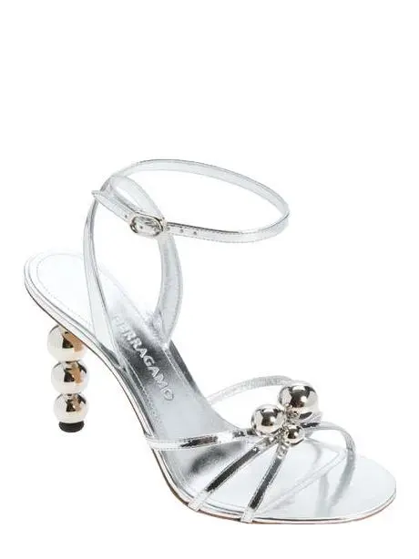 FERRAGAMO Karina Metallic Leather Ankle Strap Sandals - Silver