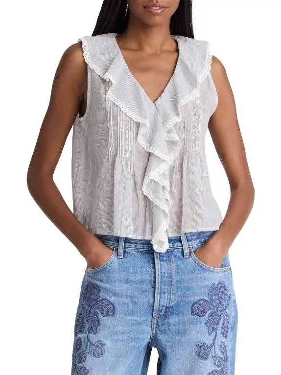 Madewell Blaire Ruffle Sleeveless Top - Blue White Micro Stripe