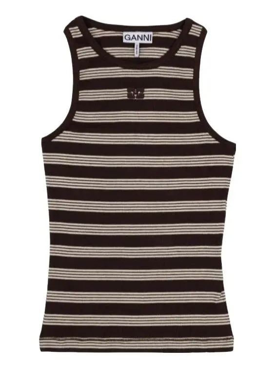 GANNI Striped Ribbed Sleeveless Tank Top - Mole Ash