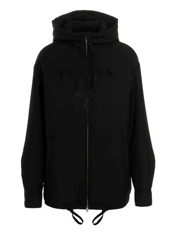 Prada Re-nylon Hooded Jacket With Logo Print - Black