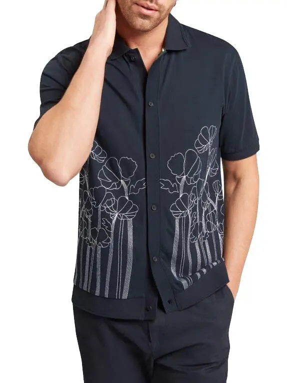 Ted Baker London Actton Embroidered Short Sleeve Knit Button-up Shirt - Navy