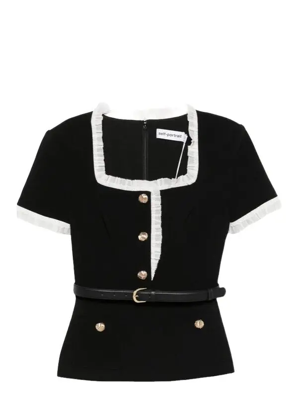 SELF-PORTRAIT Crepe Belted Blouse With Gold Buttons And Frill Trim - Black