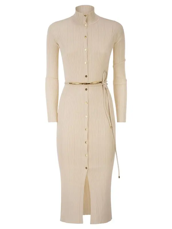Elisabetta Franchi Openwork Knit Button-up Midi Dress - Nude