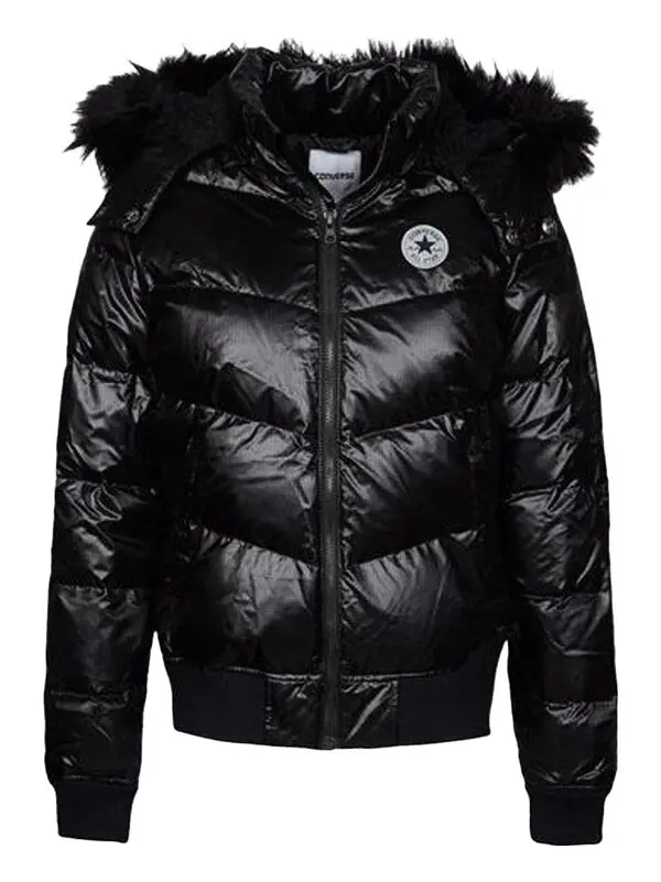 CONVERSE Down Puffer Jacket With Fur Trim - Black