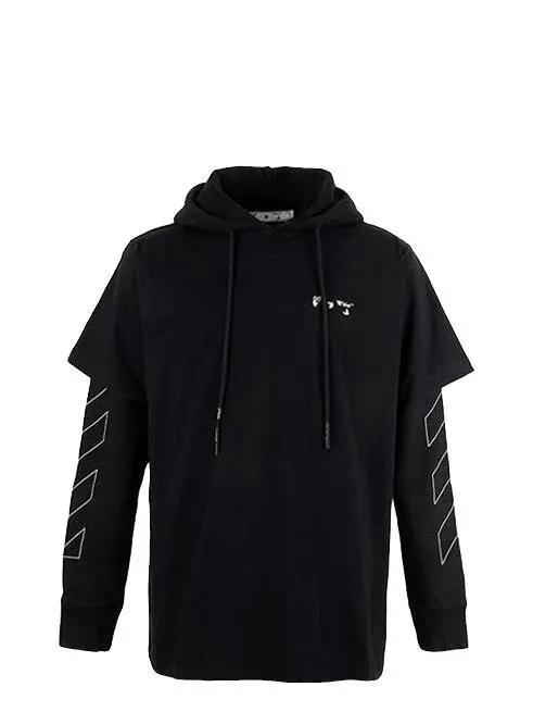 Off-White Hooded Long Sleeve Layered T-shirt With Striped Sleeves - Black