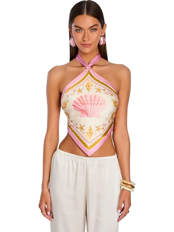 Retrofete Jamie Silk Halter Neck Top With Asymmetrical Hem - Ochre Shell Foulard