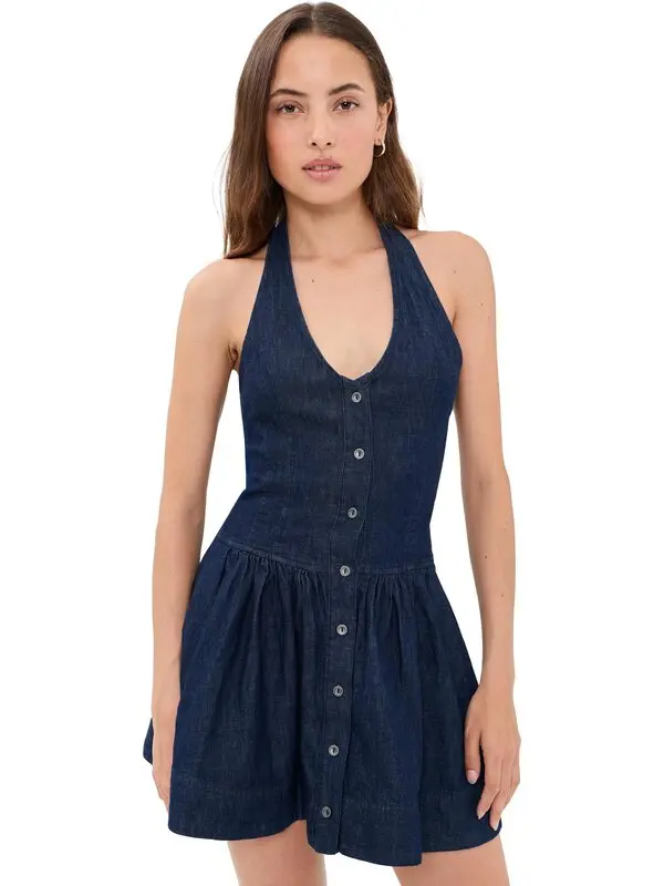 Free People Clean Break Denim Halterneck Mini Dress - Night Wash