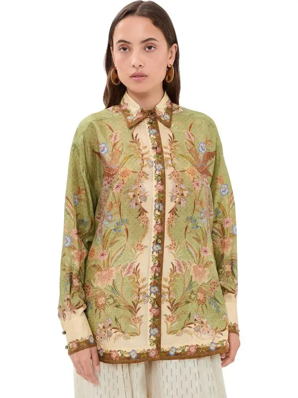 Zimmermann Indra Relaxed Silk Shirt With Botanical Print - Khaki Scarf Floral