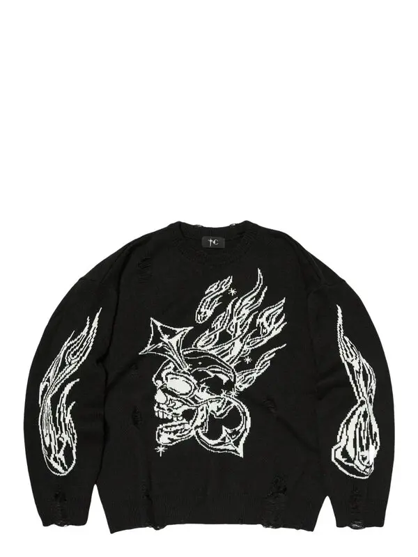 THUG CLUB Chrome Skull Knit Sweater - Black