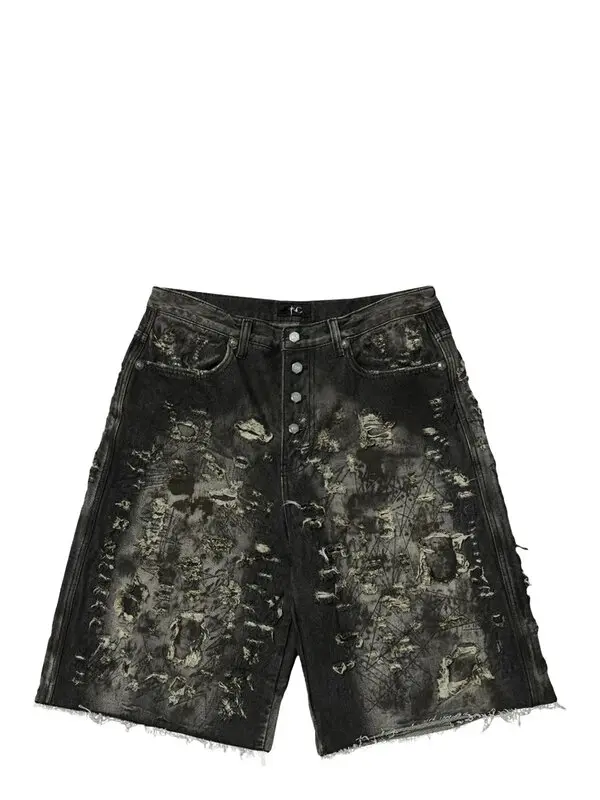 THUG CLUB Hard Washed Destroyed Denim Shorts - Black