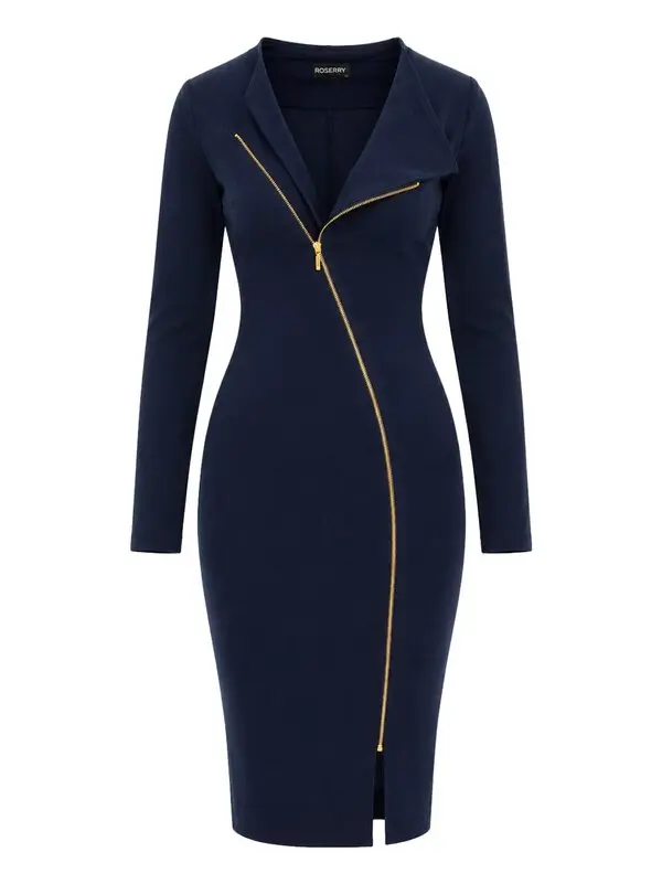 ROSERRY Chelsea Long Sleeve Midi Dress With Metallic Zipper - Navy