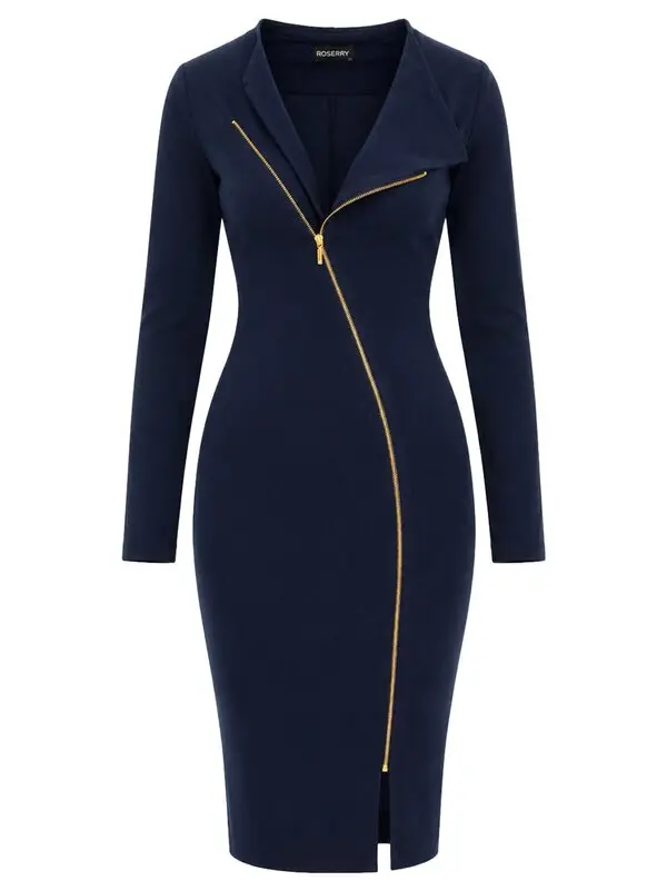 ROSERRY Chelsea Long Sleeve Midi Dress With Metallic Zipper - Navy