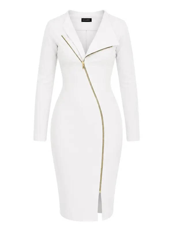ROSERRY Long Sleeve Midi Dress With Zipper Detail - Navy