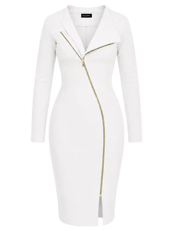ROSERRY Long Sleeve Midi Dress With Zipper Detail - Navy