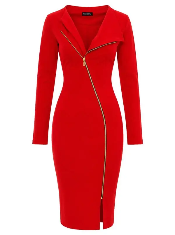 ROSERRY Long Sleeve Midi Dress With Zipper Detail - Navy