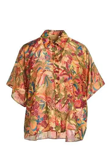 Momoni Silk Satin Floral Print Short Sleeve Shirt - Orange