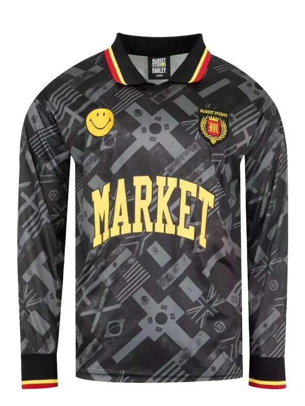 MARKET Smiley International Flags Printed Long Sleeve Polo Shirt - Black