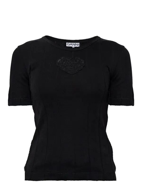 GANNI Ribbed Knit Top With Heart Appliqu - Black