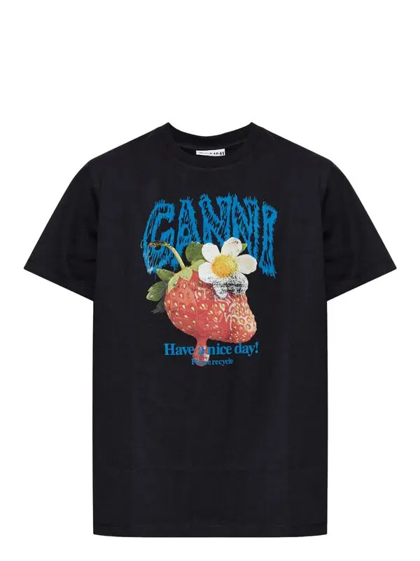 GANNI Printed Cotton T-shirt - Black