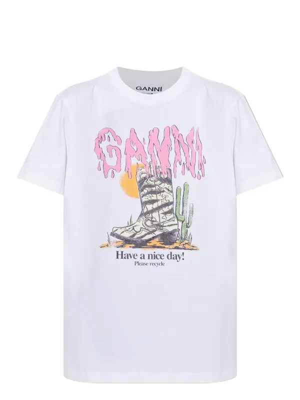 GANNI Printed Cotton T-shirt - White