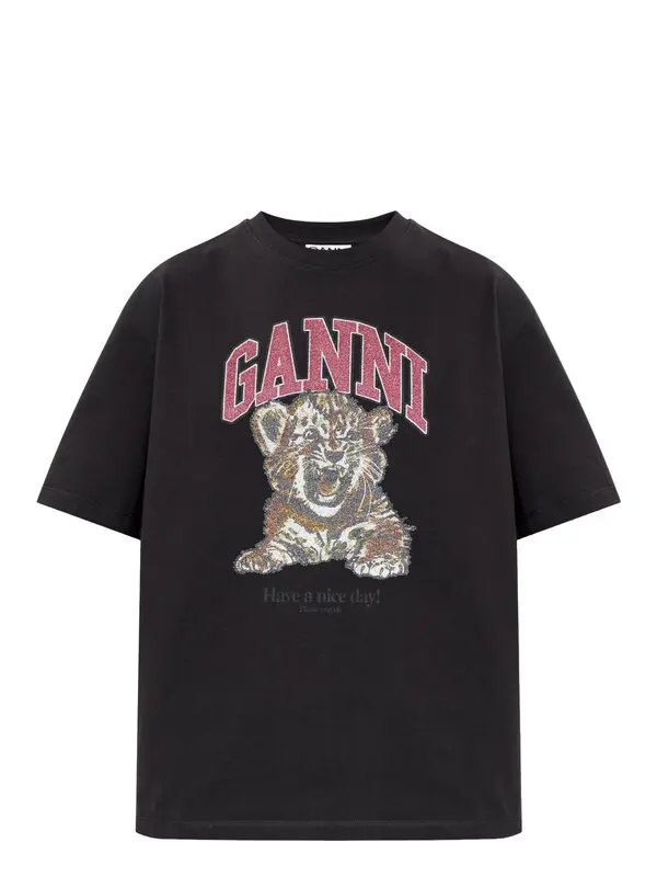 GANNI Cotton T-shirt With Glitter Animal Print And Logo - Black