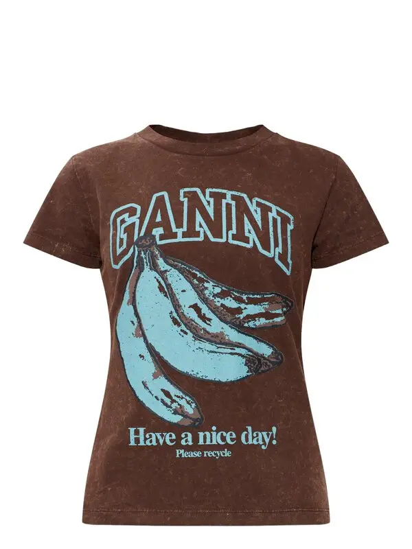 GANNI Printed Cotton T-shirt - Brown