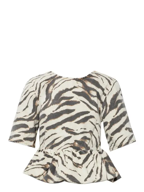 GANNI Animal Print Peplum Denim Top - Brown