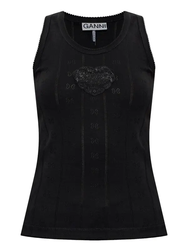 GANNI Knit Tank Top With Heart Appliqu - Black