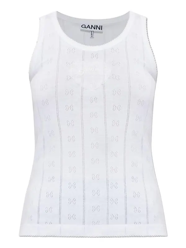 GANNI Cotton Openwork Tank Top With Appliqu - White