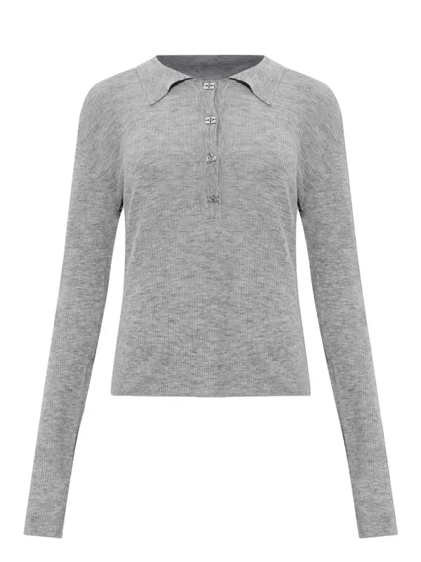 GANNI Slim-fit Wool Polo With Embellished Buttons - Grey