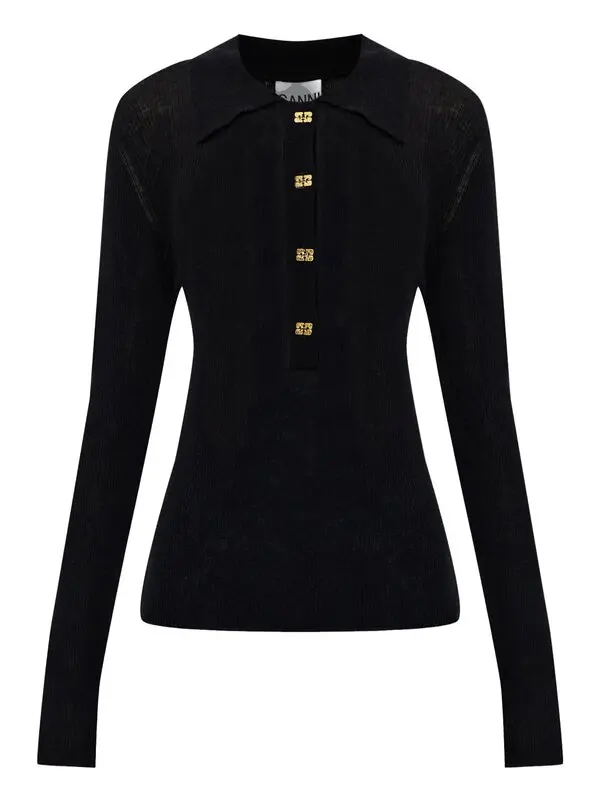 GANNI Slim Fit Wool Knit Polo With Gold Button Detail - Black
