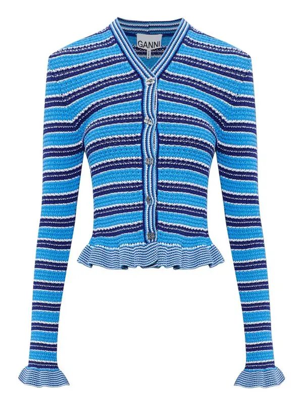 GANNI Striped Ruffle Cardigan - Blue