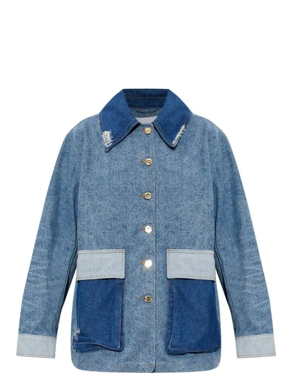 GANNI Distressed Denim Patchwork Jacket With Classic Collar - Blue