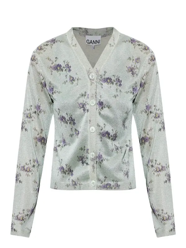 GANNI Floral Motif Metallic Knit Cardigan - Green