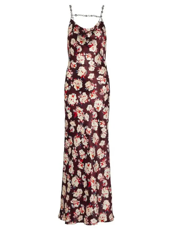 Rabanne Chain-detail Floral Silk Maxi Dress - Burgundy