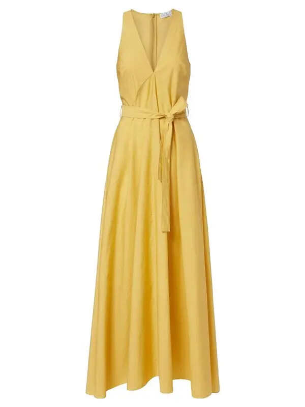 Brunello Cucinelli Belted Cotton-blend Maxi Dress - Yellow