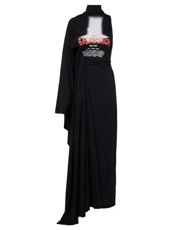 Balenciaga Logo Caped Cotton Jersey Maxi Dress - Black