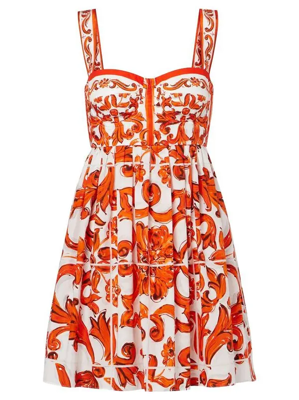 Dolce & Gabbana Majolica Print Cotton Poplin Mini Dress - Orange