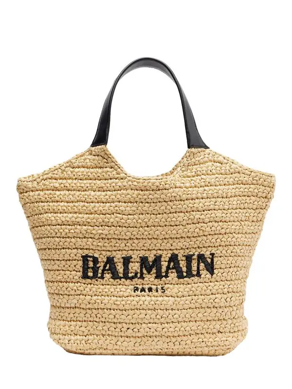 Balmain Logo Raffia-effect Top-handle Bag - Beige