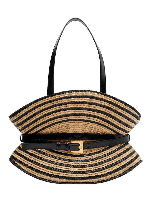 Balmain Raffia-effect Striped Shoulder Bag With Leather Trim - Black
