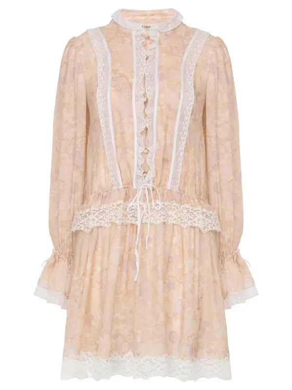 Chloé Puff-sleeve Mini Dress In Charmeuse And Lace - Multicolor Pink