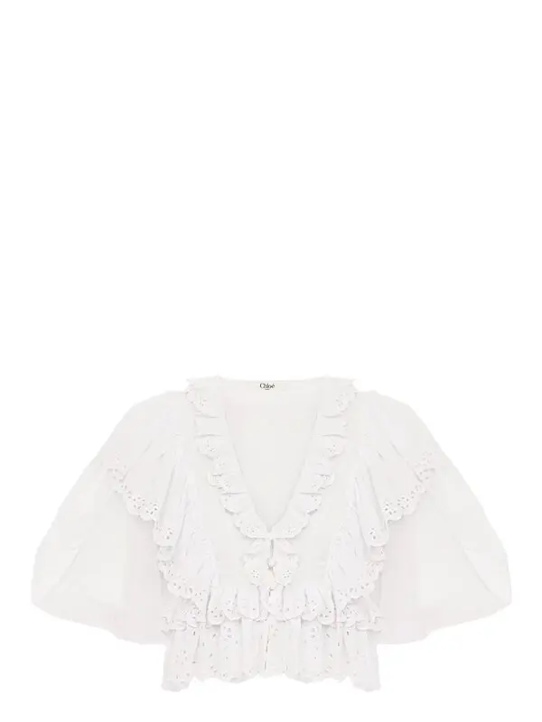 Chloé Cropped V-neck Ruffle Top - Iconic Milk
