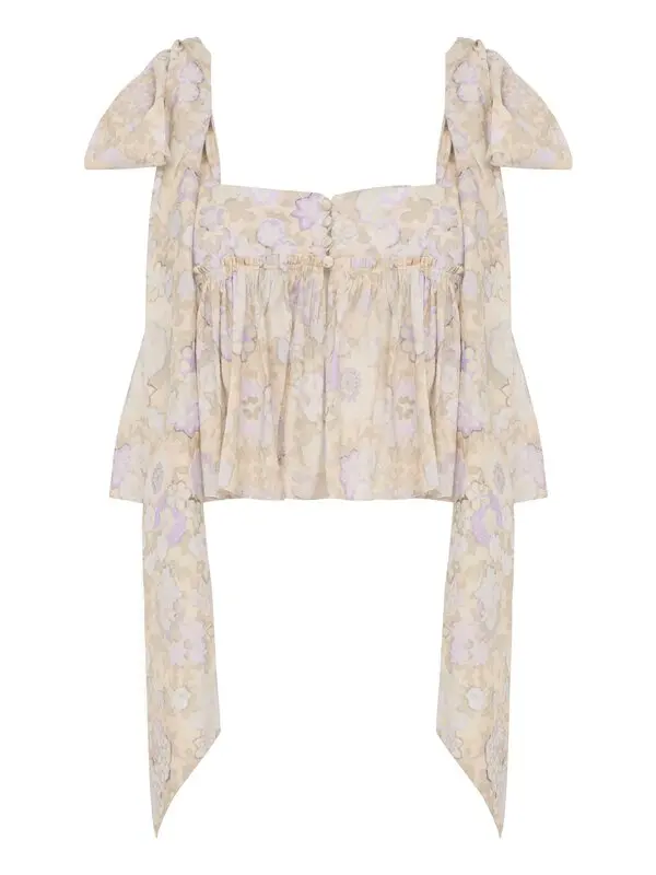 Chloé Sleeveless Cropped Top With Painted Flowers Print And Knotted Straps - Multicolor Purple