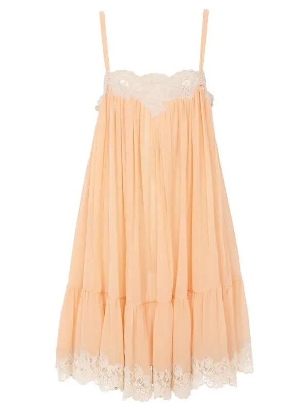 Chloé Thin-strap Mini Dress In Georgette & Lace - Peach Orange