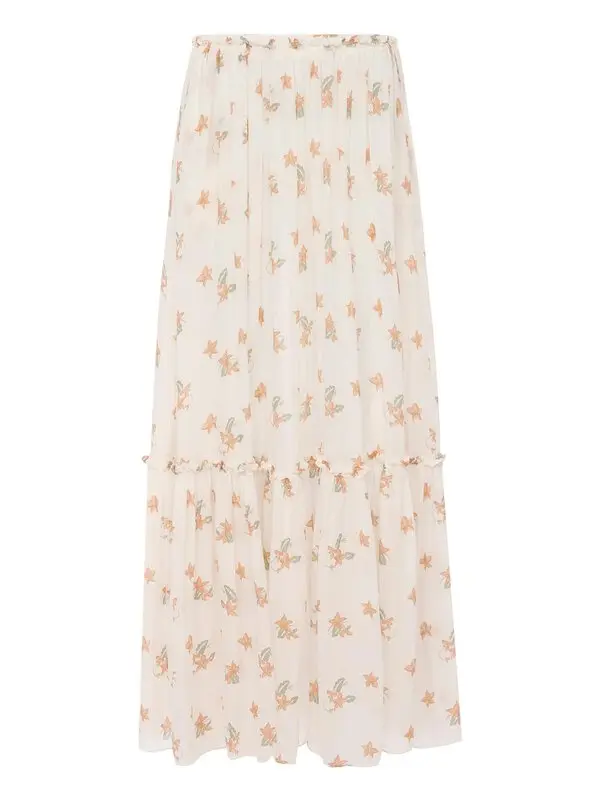 Chloé Gathered Long Skirt In Silk Charmeuse With Blooms Print - White - Orange