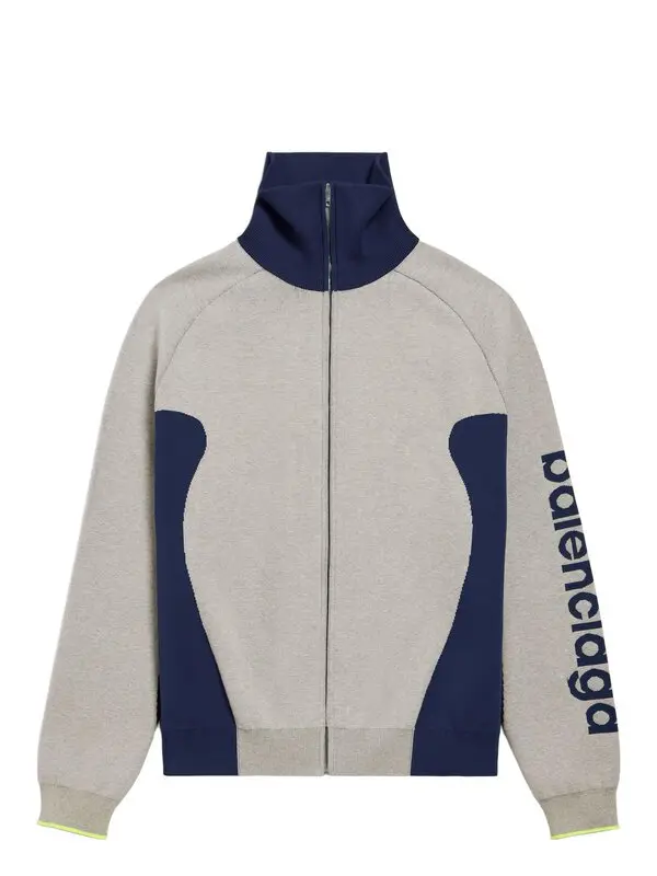 Balenciaga Knitted Zip-up Cardigan With Contrasting Yokes And Artwork - Grey & Silver