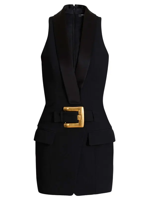 Balmain Belted Grain De Poudre Mini Dress - Black